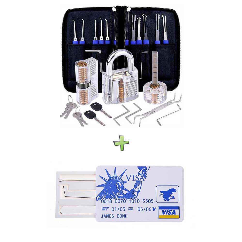 17 Pieces Lock Pick Kit With 3 Practice Lock and Credit Card Set