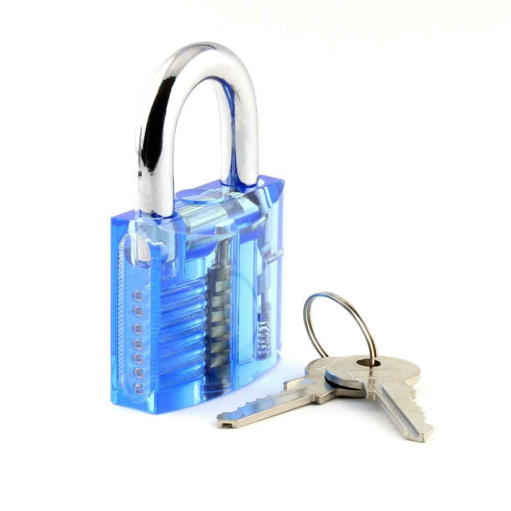 Blue Stainless Steel 7-in-1 Folding Lock Pick Set and Clear Padlock