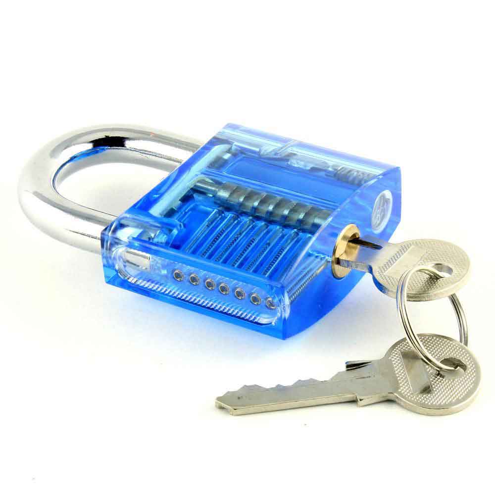 Blue Stainless Steel 7-in-1 Folding Lock Pick Set and Clear Padlock