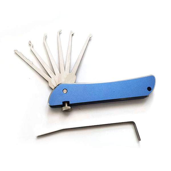 Blue Stainless Steel 7-in-1 Folding Lock Pick Set and Clear Padlock