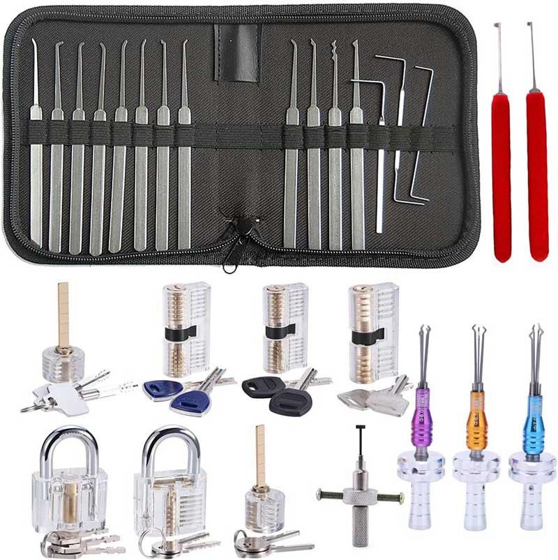 17 Pieces Lock Picks Set with 7 Pieces Transparent Practice Locks, 3 ...