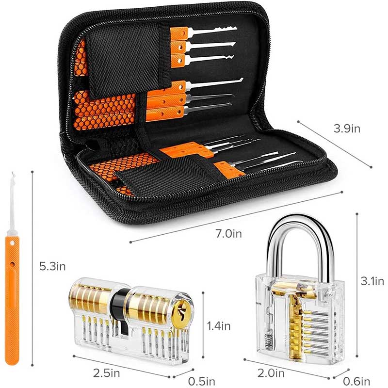 17 Pieces Orange Lock Pick Set with 3 Pieces Transparent Practice Lock, Lockpick Training Kit