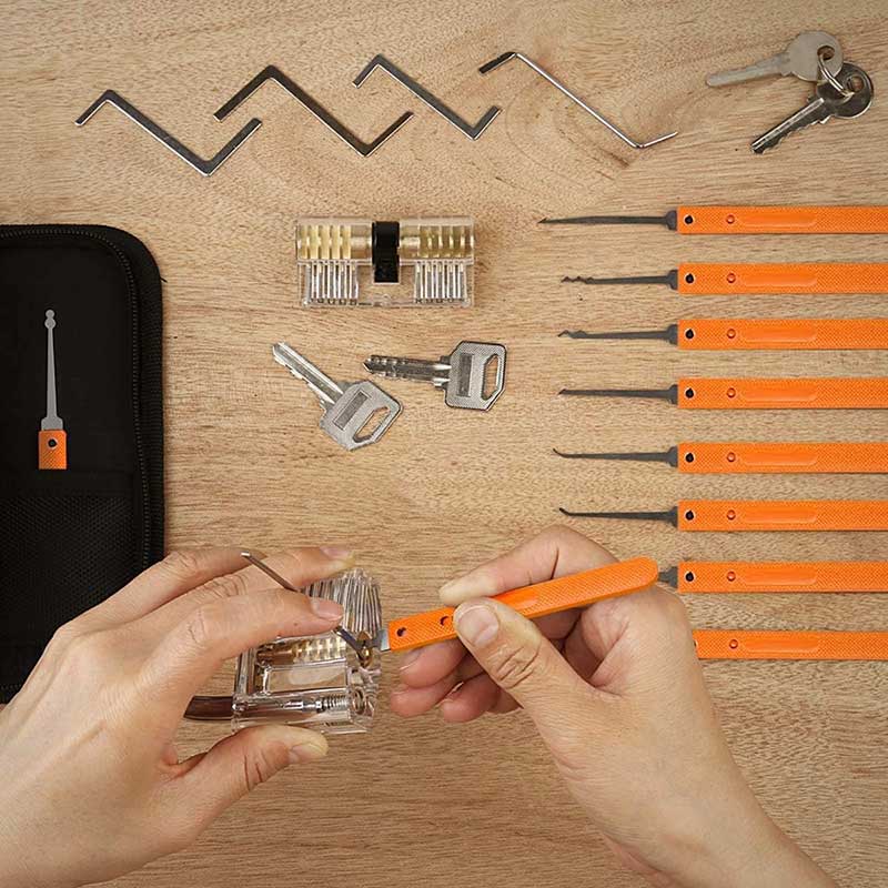 17 Pieces Orange Lock Pick Set with 3 Pieces Transparent Practice Lock, Lockpick Training Kit
