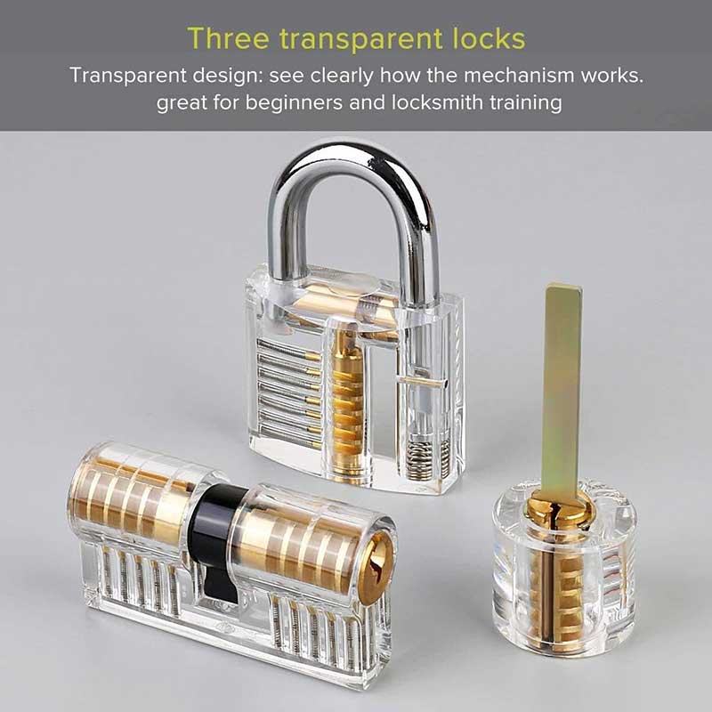 17 Pieces Orange Lock Pick Set with 3 Pieces Transparent Practice Lock, Lockpick Training Kit