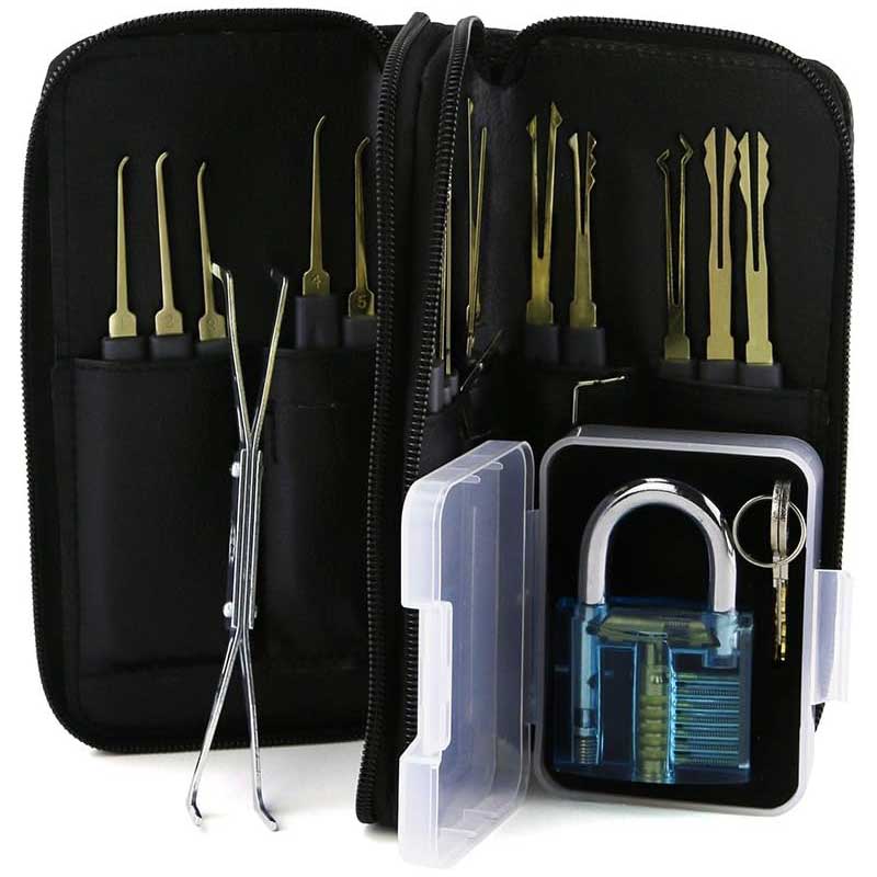 24 Pieces Lock Pick Set with Blue Transparent Practice Padlock