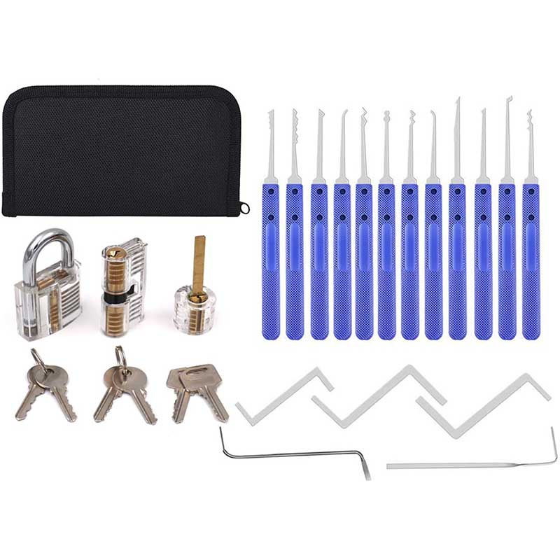 17 Pieces Blue Lock Pick Set with 3 Pieces Transparent Practice Lock, 5 ...