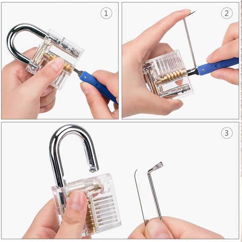 17 Pieces Blue Lock Pick Set with 3 Pieces Transparent Practice Lock, 5 ...