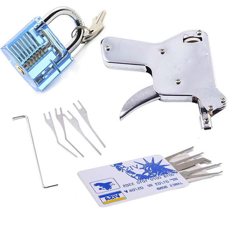 Lock Pick Gun with Credit Card Lock Pick Kit and Blue Transparent Practice Padlock, Locksmith ...