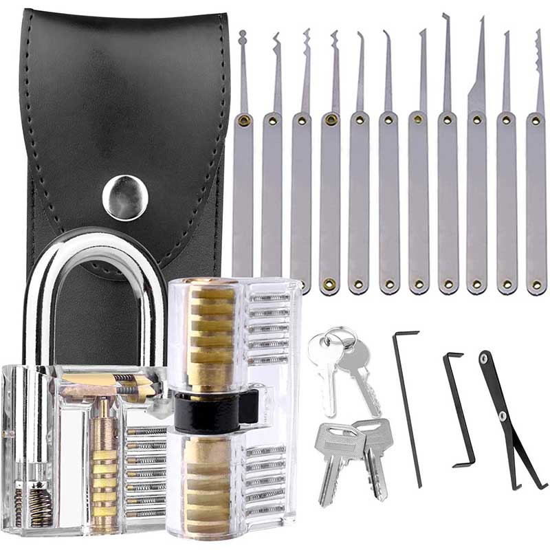 17 Pieces Lock Pick Kit with 15 Pieces Lock Picking Tools and 2 Pieces Transparent Practice Locks