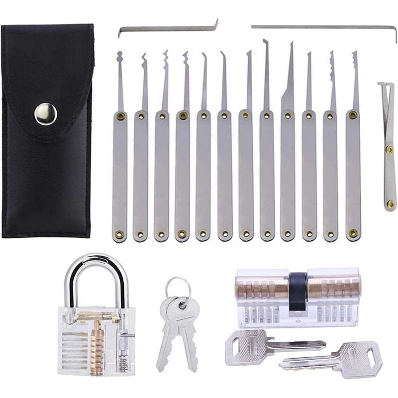 17 Pieces Lock Pick Kit with 15 Pieces Lock Picking Tools and 2 Pieces Transparent Practice Locks