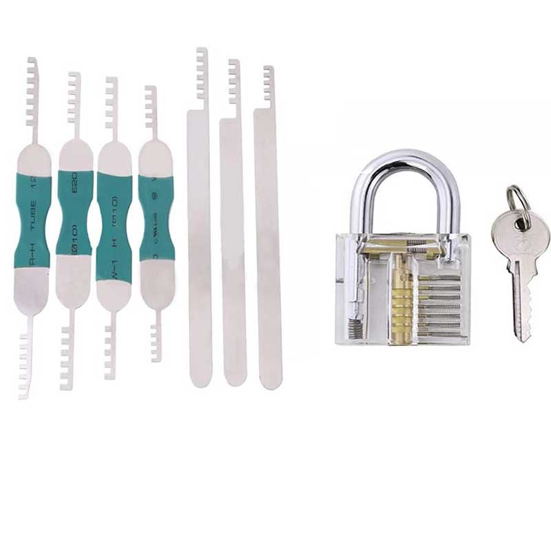 7 Pieces Comb Lock Pick Rake Kit with Transparent Practice Padlock